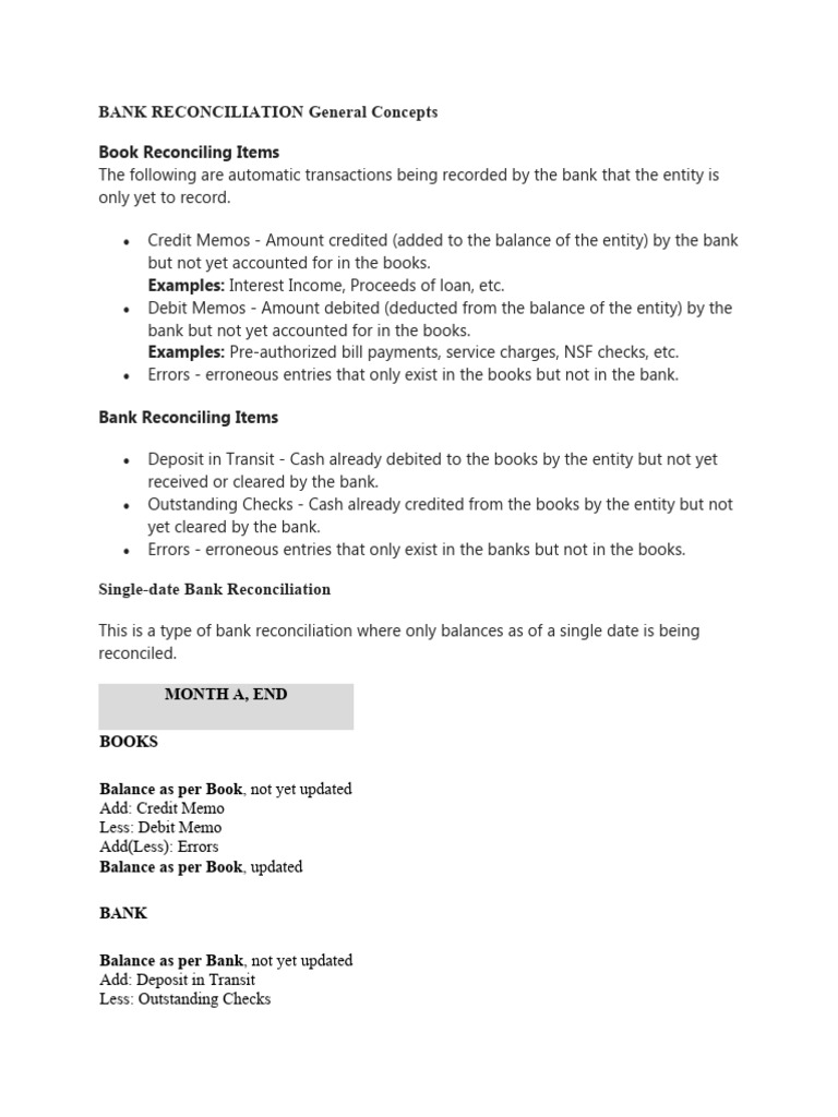 BANK RECONCILIATION General Concepts | PDF | Debits And Credits | Banks