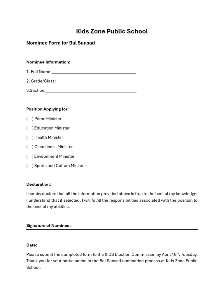 Bal Sansad Nomination Form 2025 | PDF | Politics