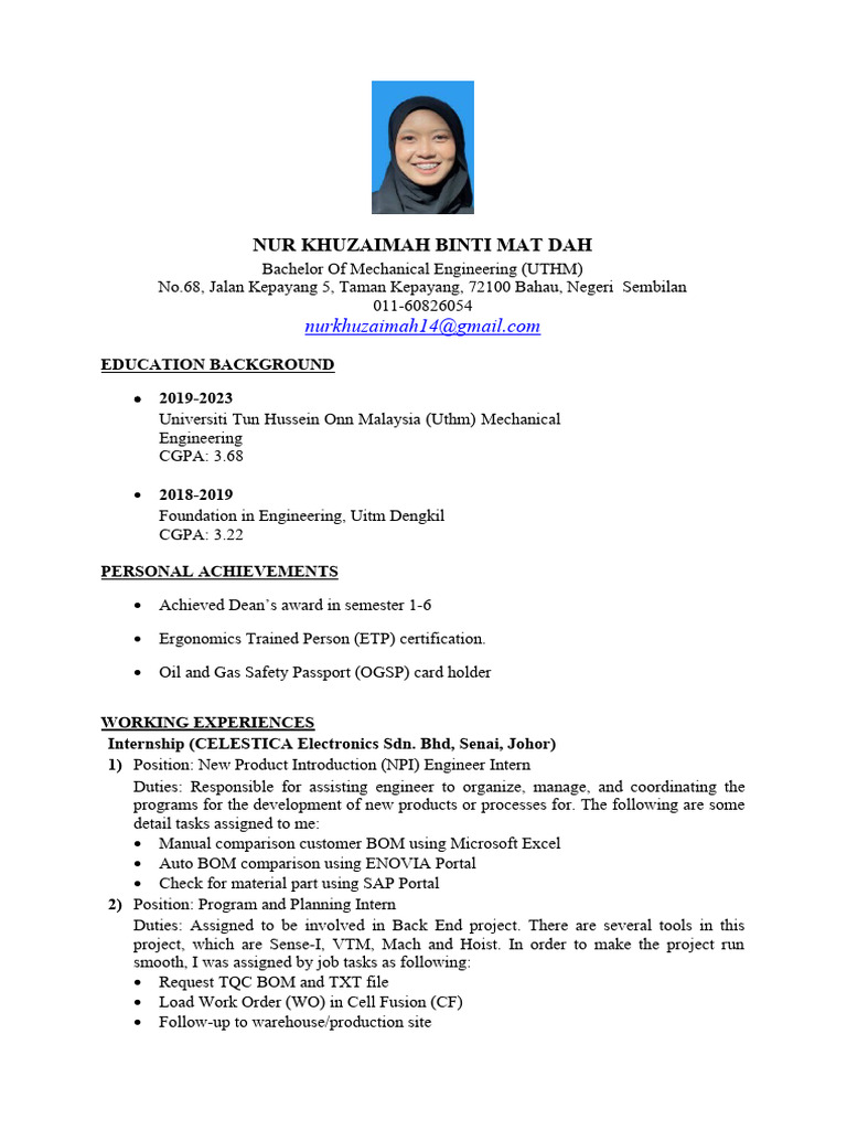 Resume Nur Khuzaimah (New) | PDF | Engineering
