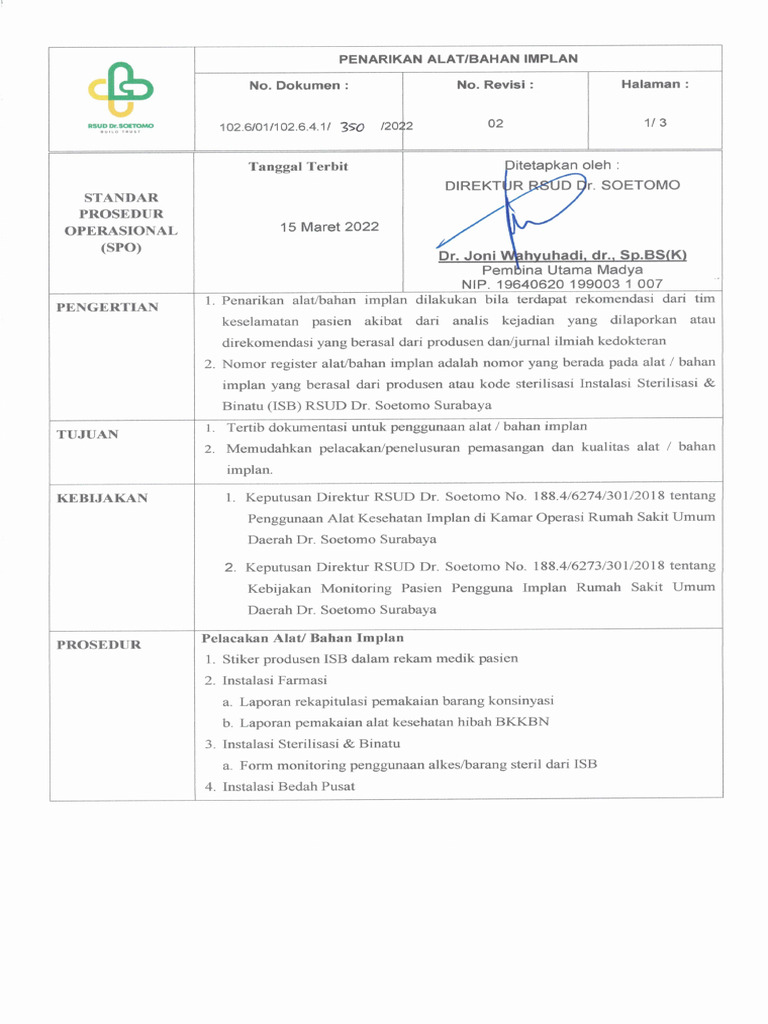 Salinan SPO Penarikan Alat Bahan Implan | PDF