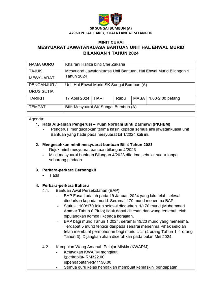 Minit Curai Mesyuarat Bantuan Hem 2024 | PDF