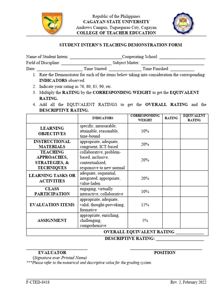 8418-Final-Demonstration-Rating-Sheet | PDF | Teacher Education | Education Theory