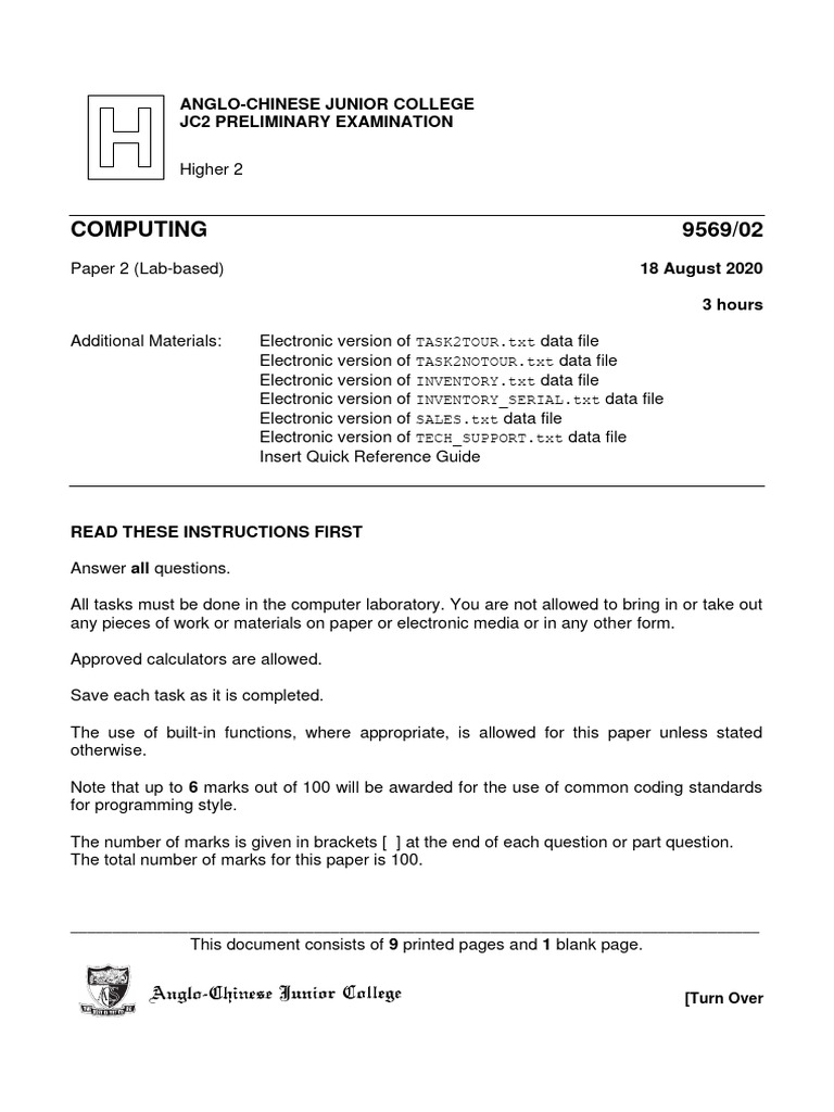 2020 ACJC Prelim Paper 2 | PDF | Databases | Computer Program