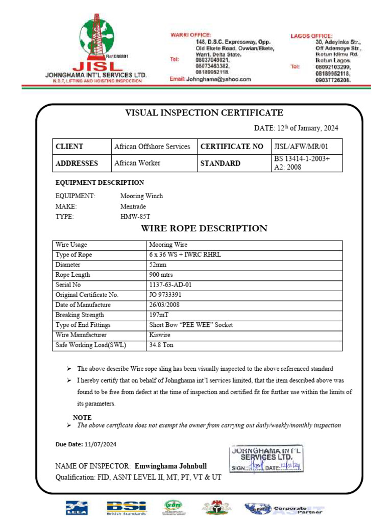 66 Mooring Wire Visual Inspection Certificate | PDF | Rope ...