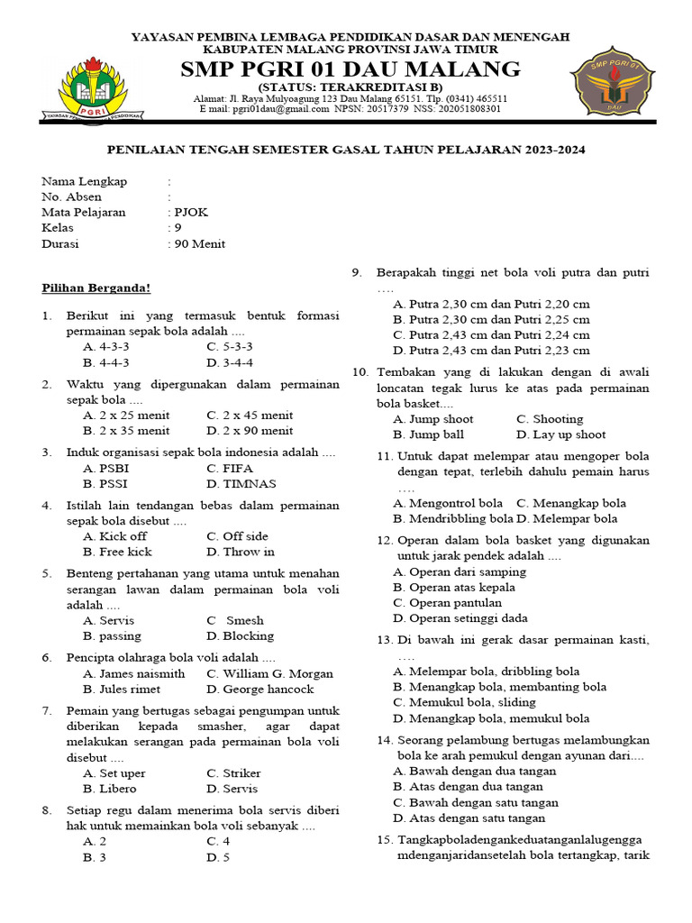 Penilaian Tengah Semester PJOK Kelas 9 | PDF