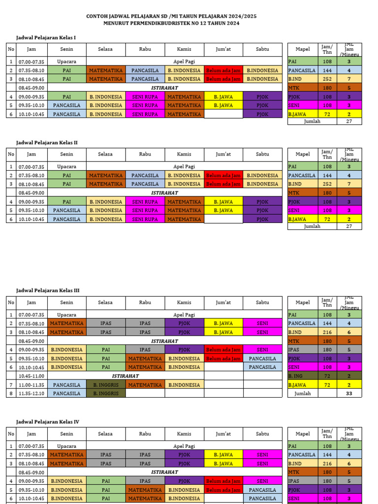 Jadwal Pelajaran Tahun Pelajaran 2024-2025 | PDF