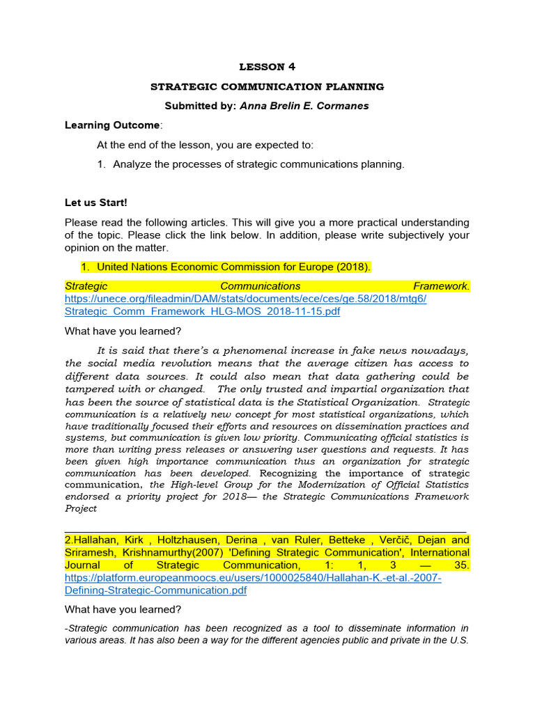 LESSON 4 Strategic Comm Planning 1 4 | PDF | Goal | Monitoring And ...