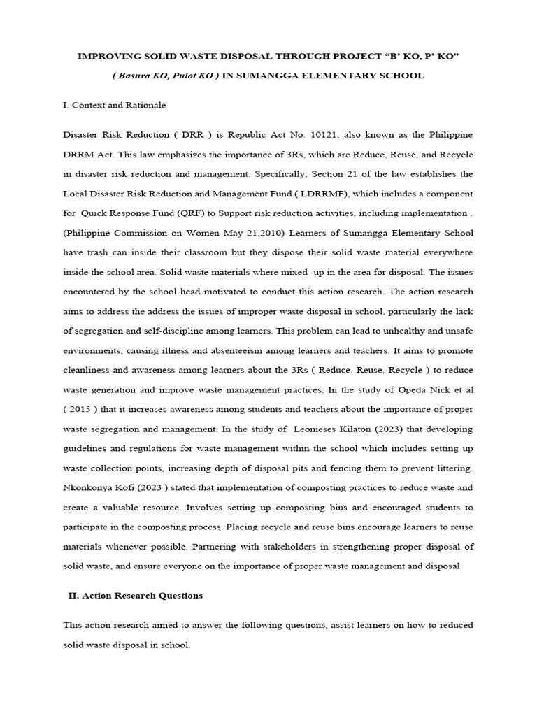 Action Research Proposal Reducing Solid Waste Disposal Through Project ...