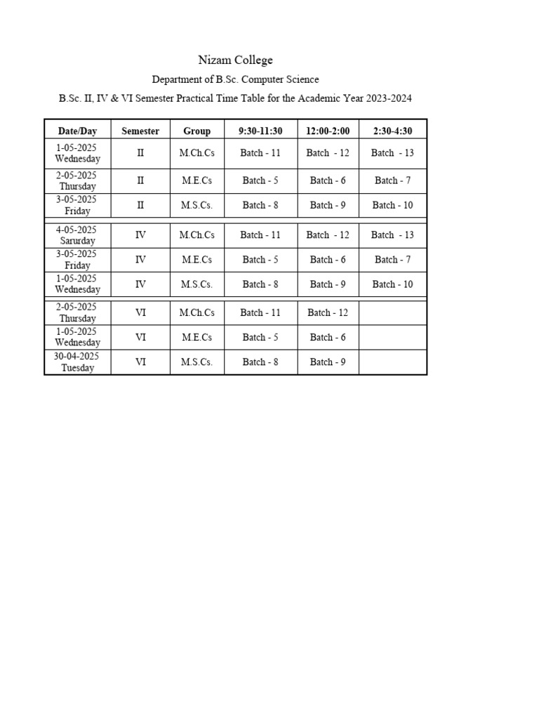 Practical Time Table | PDF