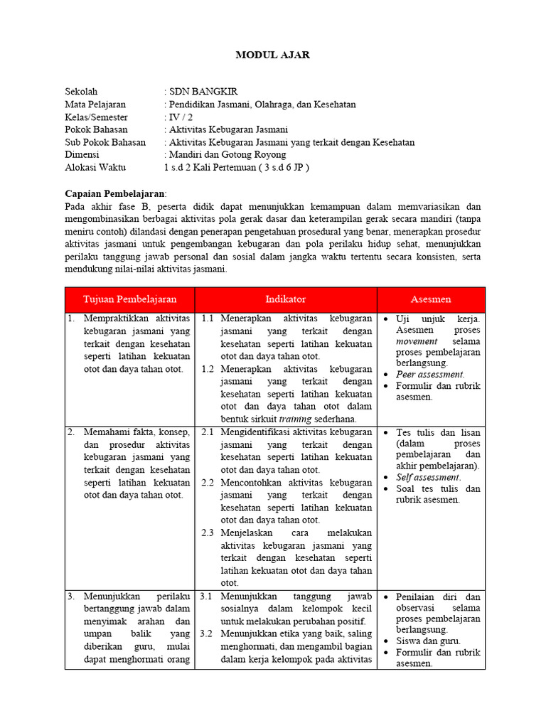 Modul Ajar - Kelas 4 - Kebugaran Jasmani | PDF