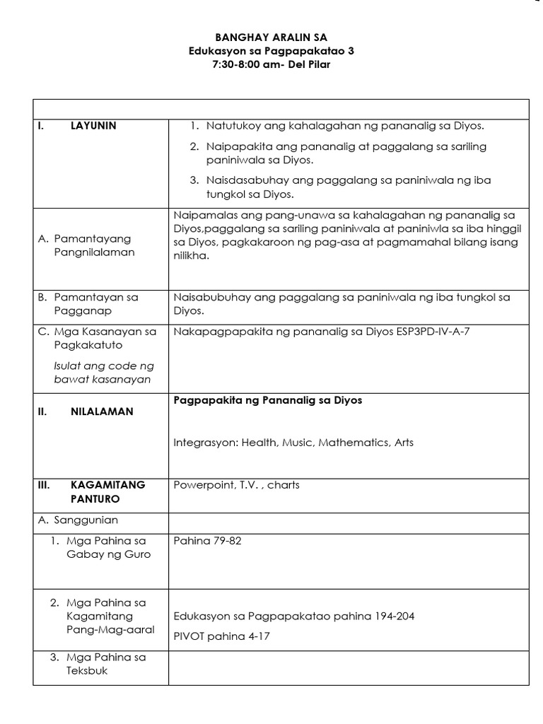 Cot4 Week 1-Lesson-Plan-Esp 3 - Pananalig Sa Diyos | PDF