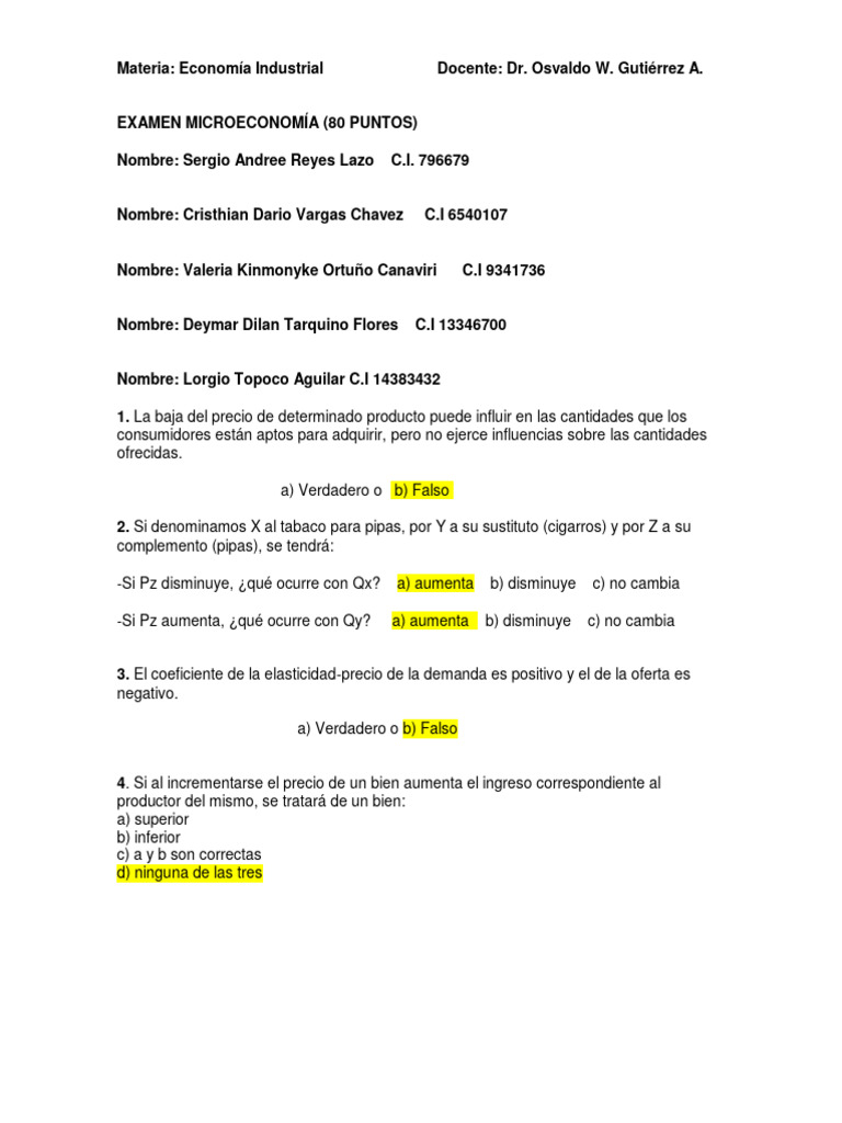 Examen de Microeconomía: Preguntas Clave | PDF | Elasticidad (economía ...