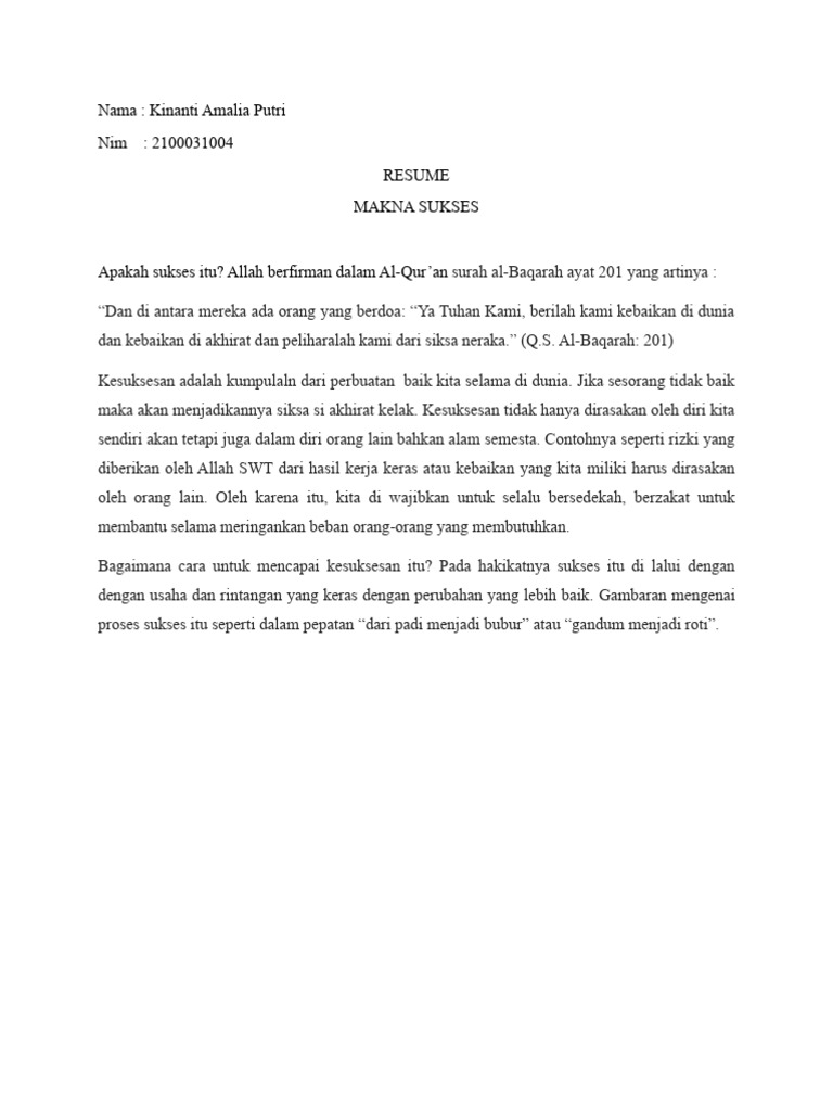 Kinanti Amalia Putri-2100031004-Resume Makna Sukses | PDF | Kesehatan Holistik