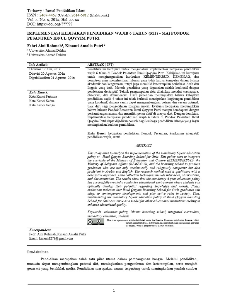 IMPLEMENTASI KEBIJAKAN PENDIDIKAN WAJIB 6 TAHUN (MTs - MA) PONDOK ...