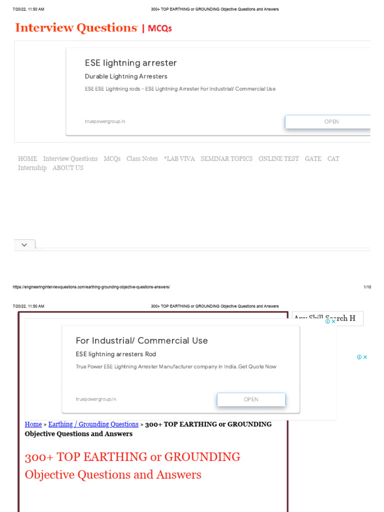 300+ Earthing and Grounding MCQs | PDF | Physical Quantities | Power (Physics)