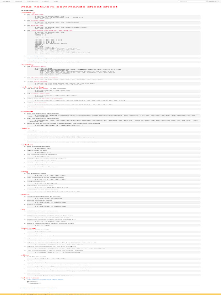Mac Network Commands Cheat Sheet | PDF | Computer Network | Firewall (Computing)