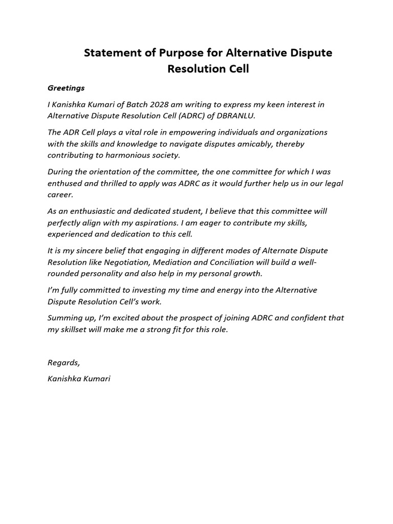 Statement of Purpose for Alternative Dispute Resolution Cell | PDF
