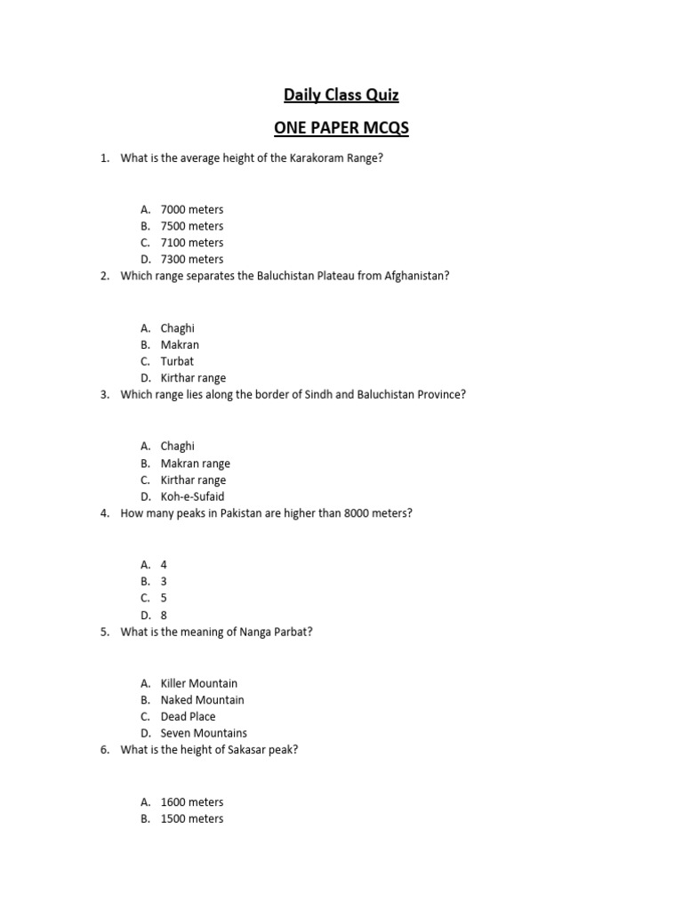 Daily Class Quiz GEOGRAPHY | PDF | Indus River | Earth Sciences