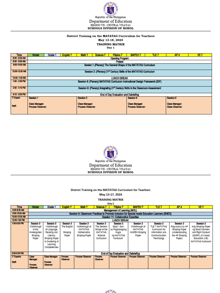 Unified Training Matrix For District Matatag Training | PDF ...