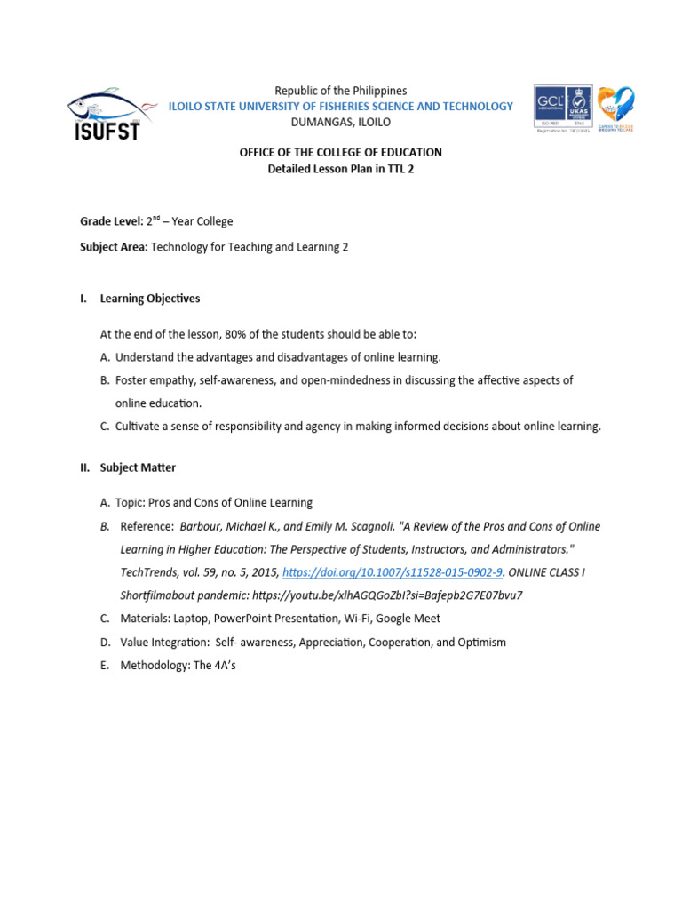 Final Detailed TTL2 Lesson Plan | PDF | Educational Technology | Distance Education