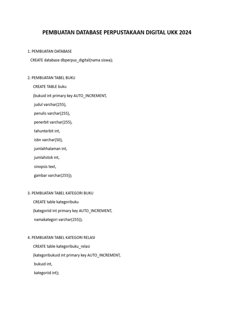 Pembuatan Database Perpustakaan Digital Ukk 2024 | PDF