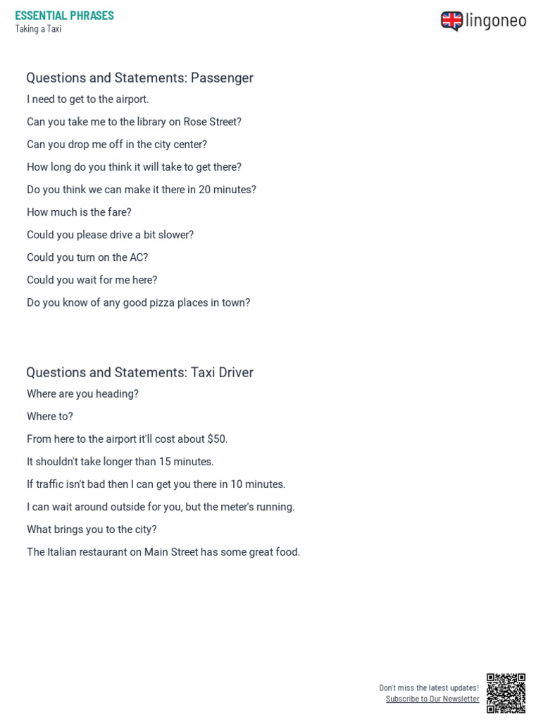 Essential Taxi Phrases Guide | PDF