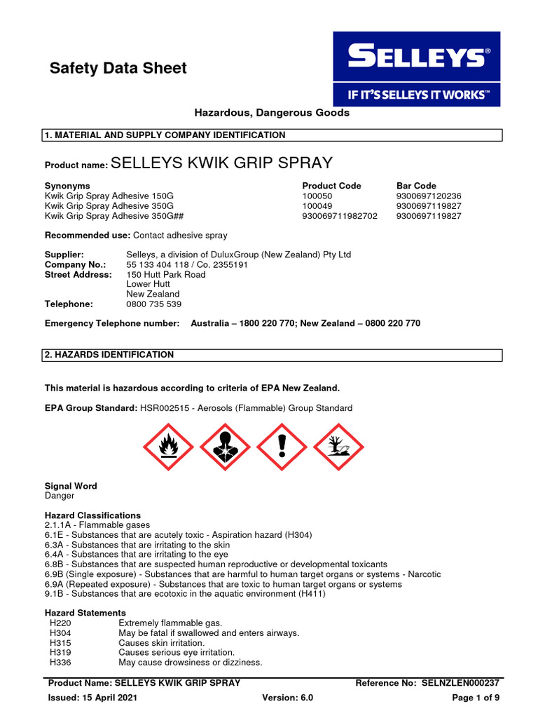 Selleys Kwik Grip Spray-Nz SDS | PDF | Dangerous Goods | Toxicity