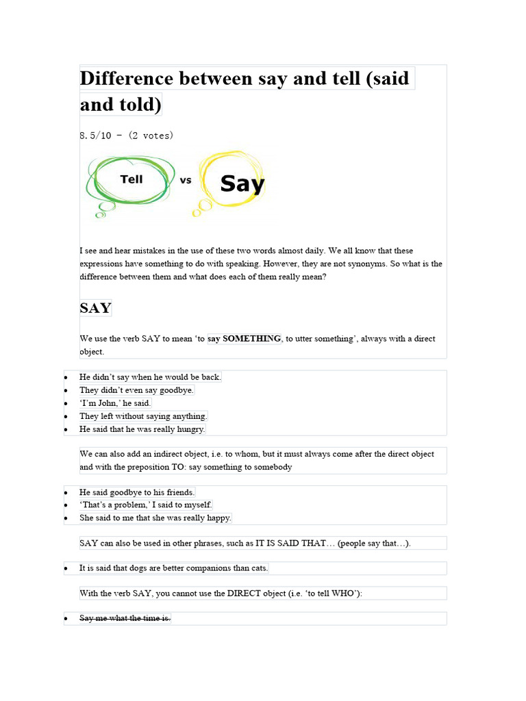 Say vs Tell: Key Grammar Differences | PDF | Verb | Linguistic Morphology