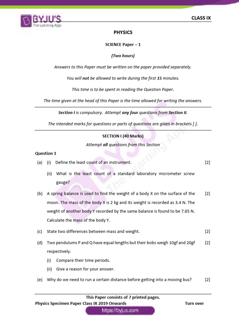 ICSE Class 9 Physics Sample Paper 2019 | PDF | Waves | Velocity ICSE Class 9 Physics Sample Paper 2019 | PDF | Waves | Velocity