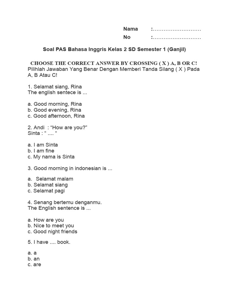 Soal-UAS-Bahasa-Inggris-Kelas-2-SD-Semester-1 | PDF