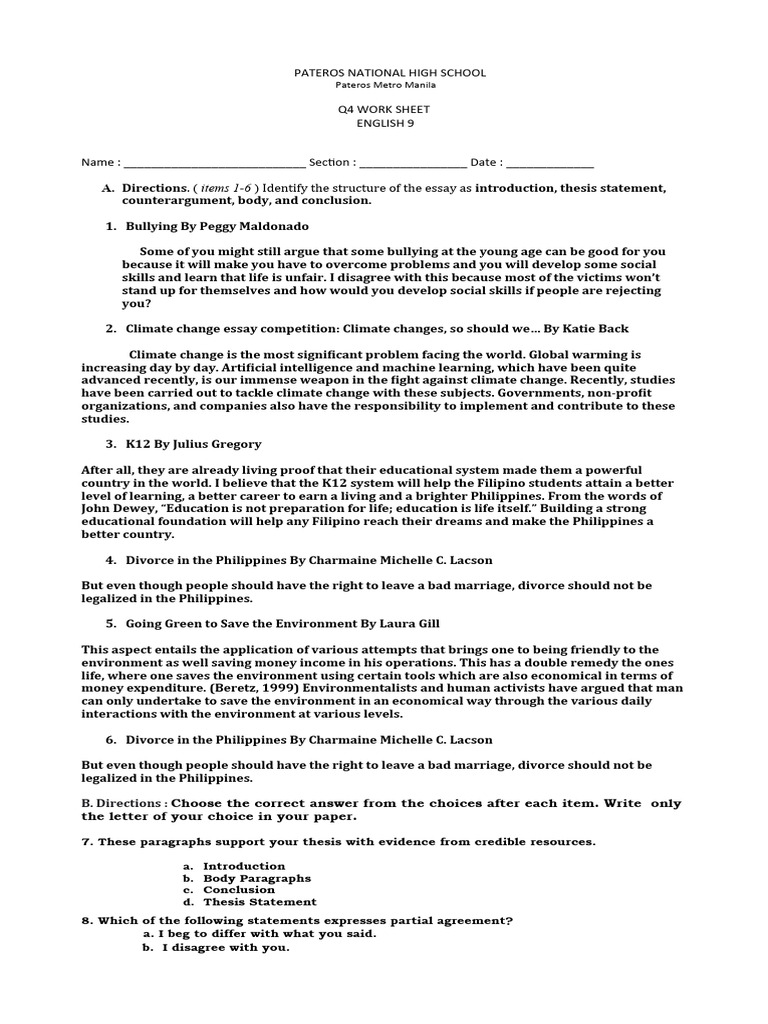 English 9 Essay Structure Worksheet | PDF | Essays | Argument