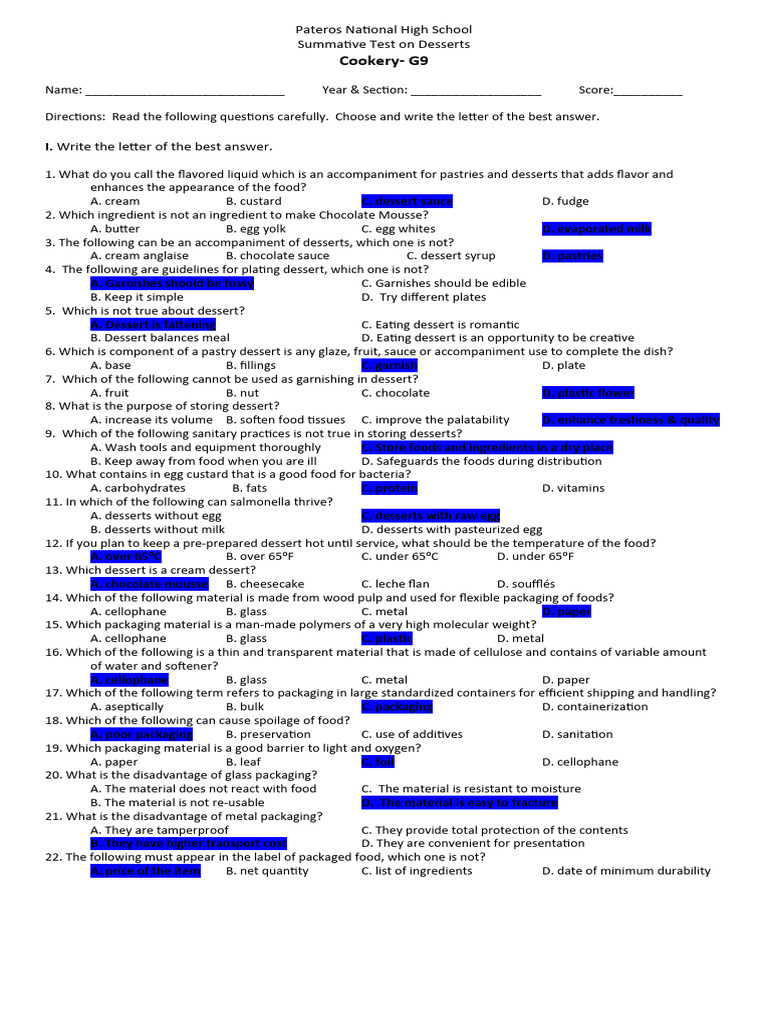 G 9 Cookery 4th WITH ANSWERS | PDF | Custard | Desserts