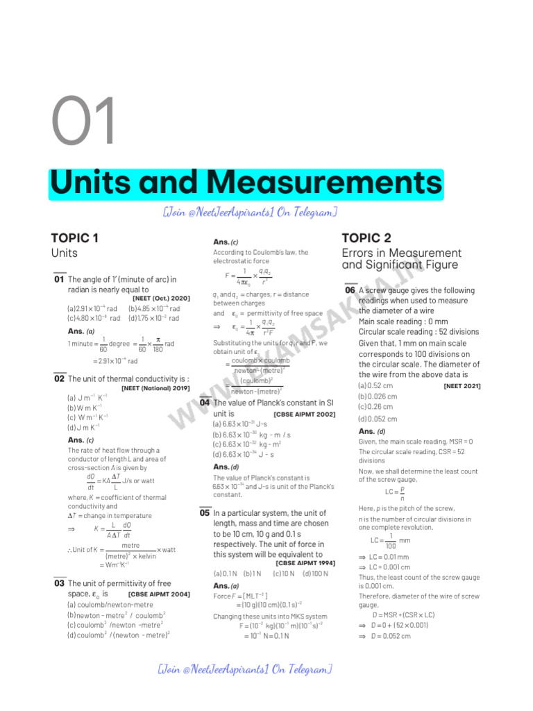 Unit and Dimensions Pyq (@NeetJeeAspirants1) | PDF | Torque | Force