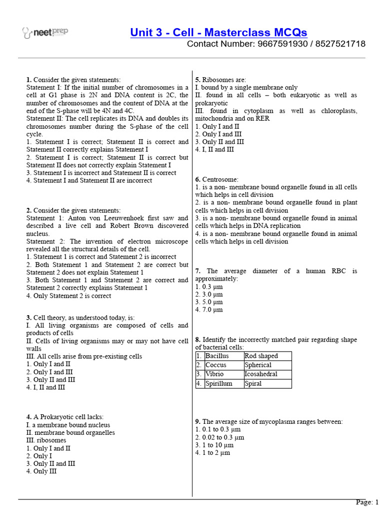 Unit 3 NCERT Based MCQs Cell Structure and Functions | PDF | Cell ...