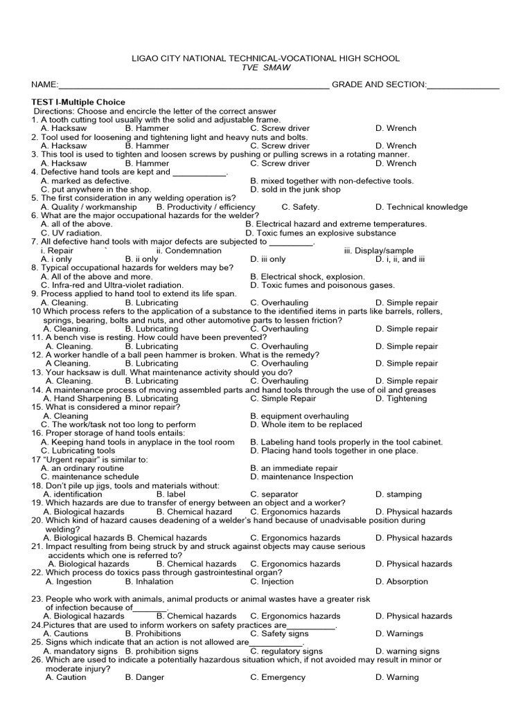 Tle 7 Smaw Test | PDF | Hazards | Screw