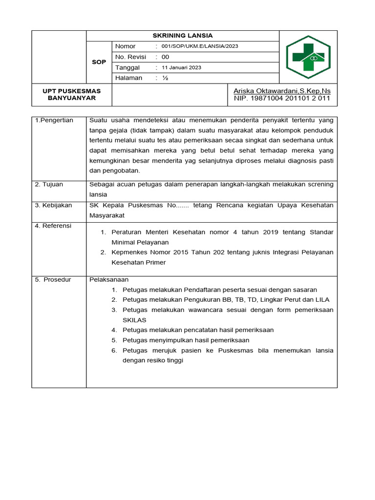 Sop Skrining Lansia | PDF