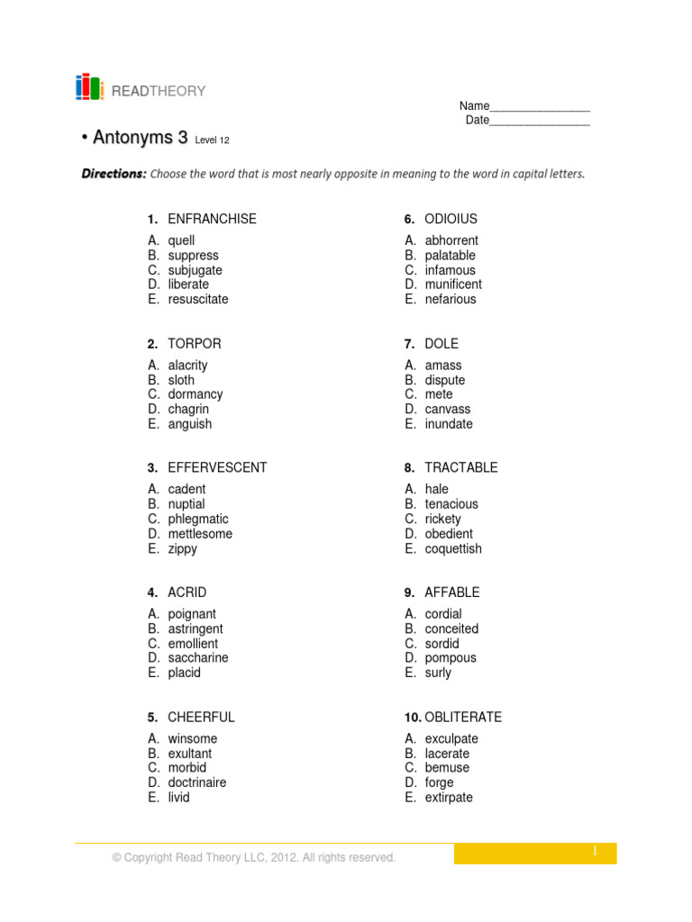 Level 12 Antonyms 3 | PDF | Foreign Language Studies | Art
