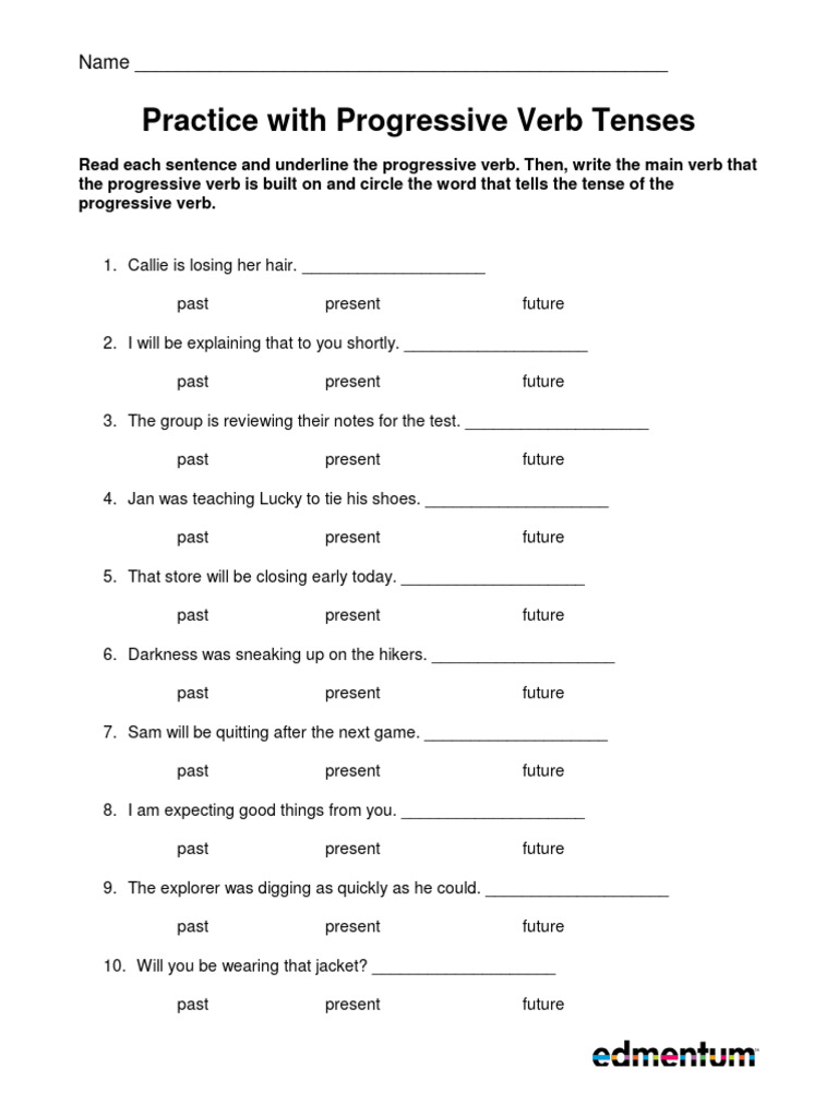 Progressive Verb Tenses Practice Worksheet | PDF | Verb | Linguistic ...