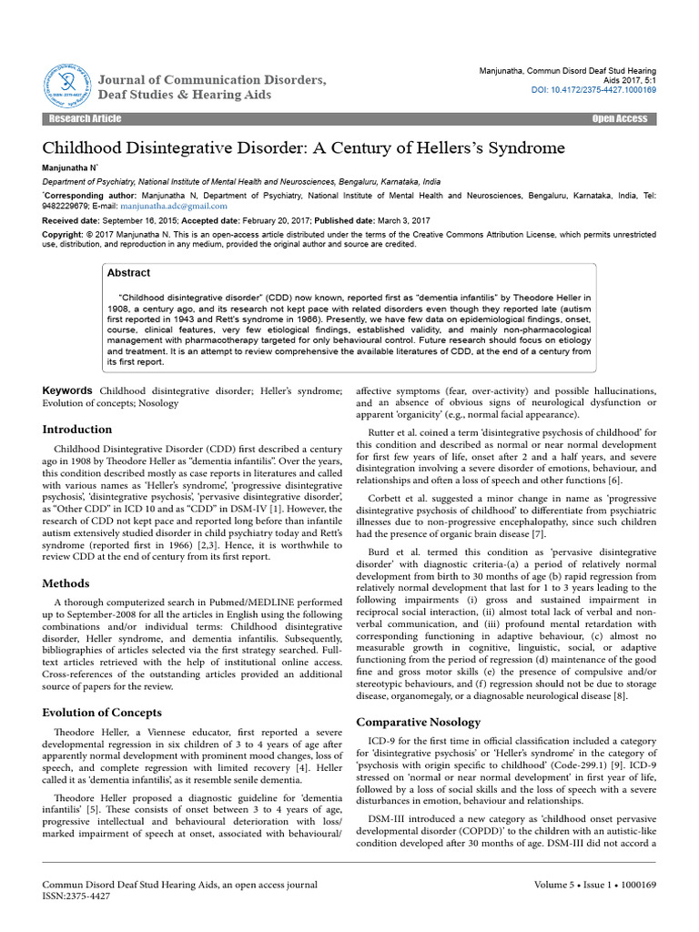 Childhood Disintegrative Disorder A Century of Hellerss Syndrome 2375 ...
