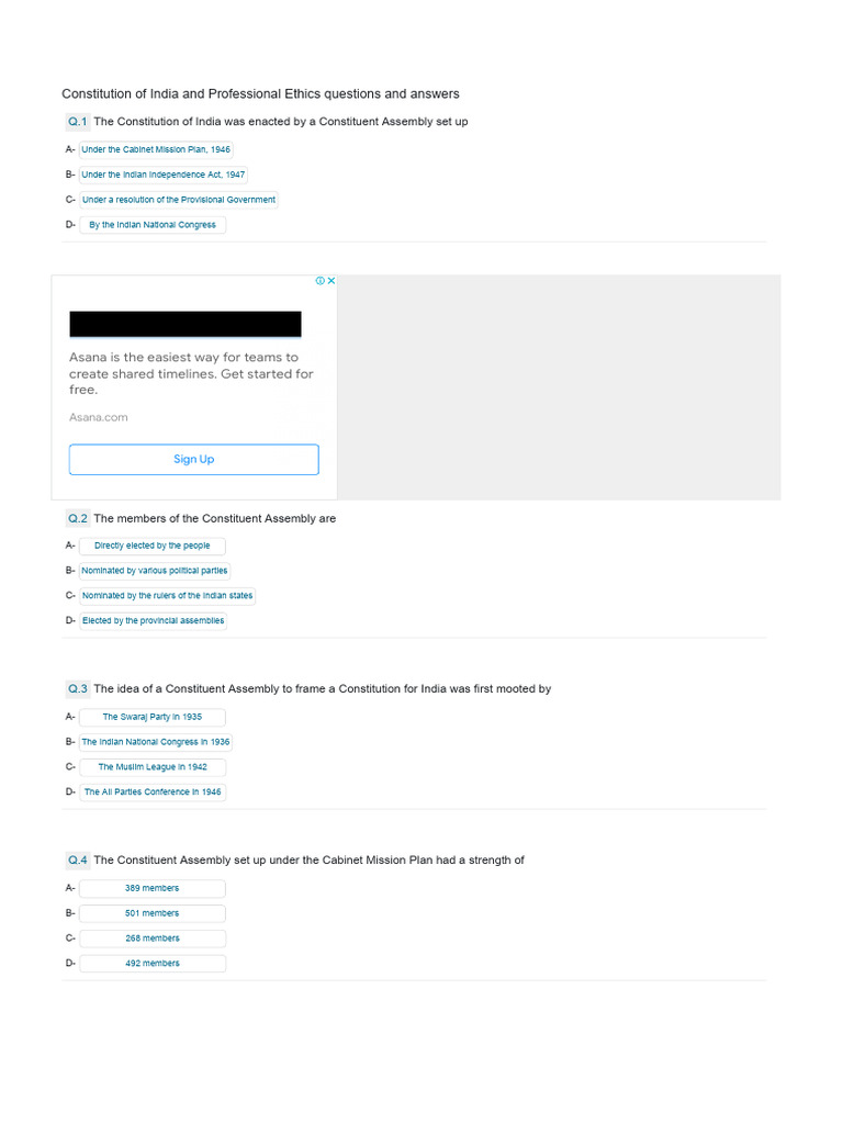 Constitution of India and Professional Ethics questions and answers ...