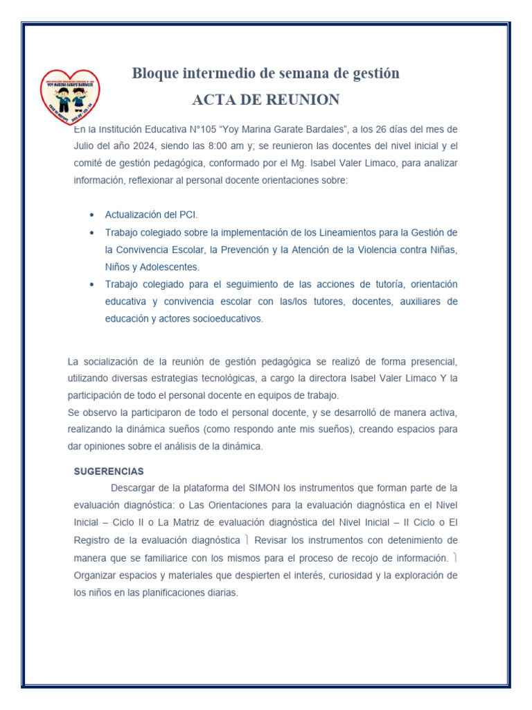 Molelo de Acta de Reunion 26-07-24 | PDF | Educación de la primera ...