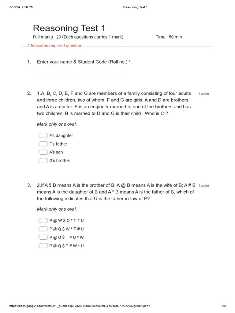 Reasoning Test 1 - Google Forms | PDF