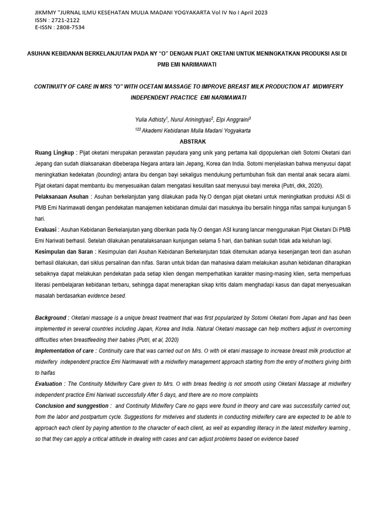 Asuhan Kebidanan Berkelanjutan Pada Ny "O" Dengan Pijat Oketani Untuk Meningkatkan Produksi Asi ...