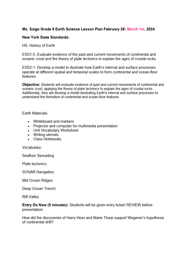 Earth Science Lesson Plan | PDF | Plate Tectonics | Seabed