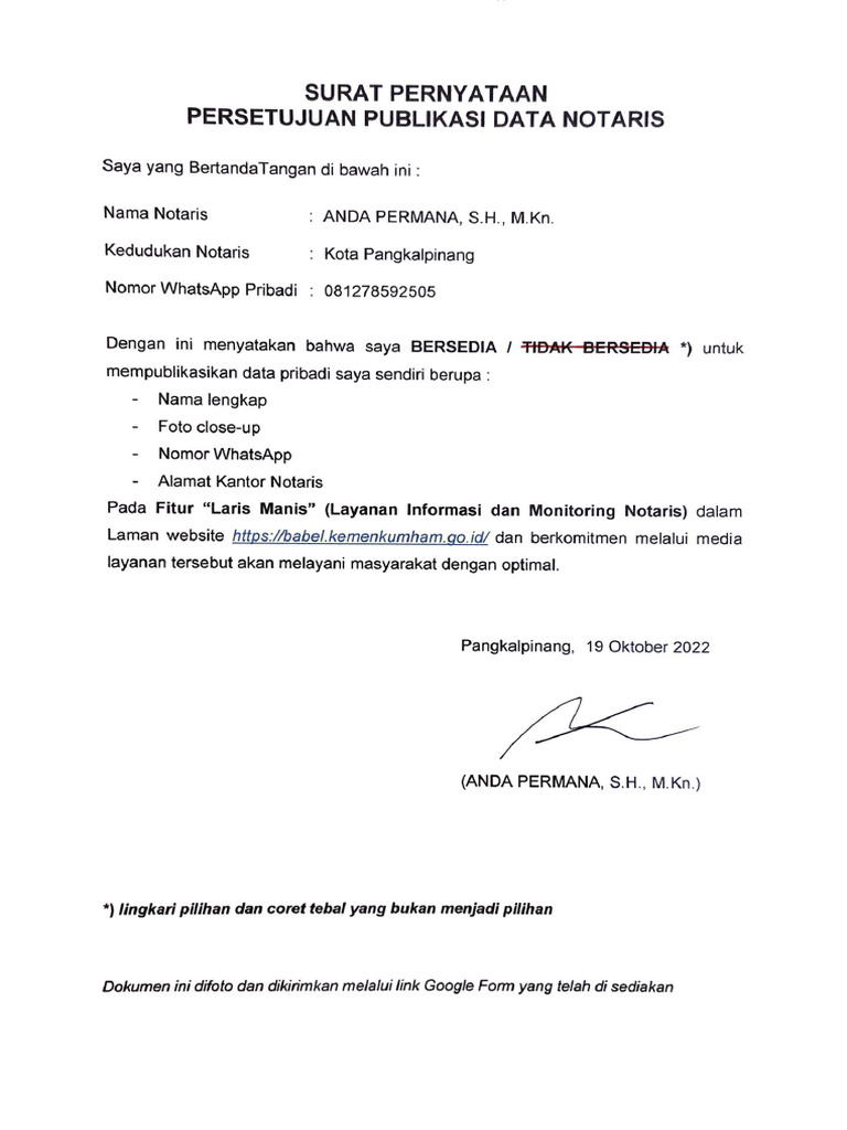Surat Pernyataan Persetujuan Publikasi Data Notaris | PDF