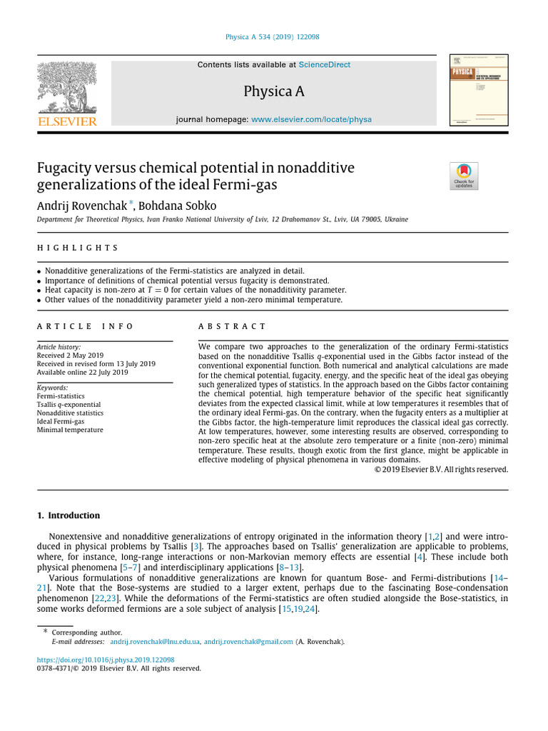 Fugacity Versus Chemical Potential in Nonadditive Generalizations of ...