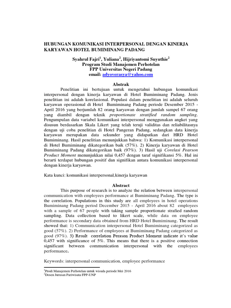 Hubungan Komunikasi Interpersonal Dengan Kinerja Karyawan Hotel Bumiminang Padang | PDF | Bisnis