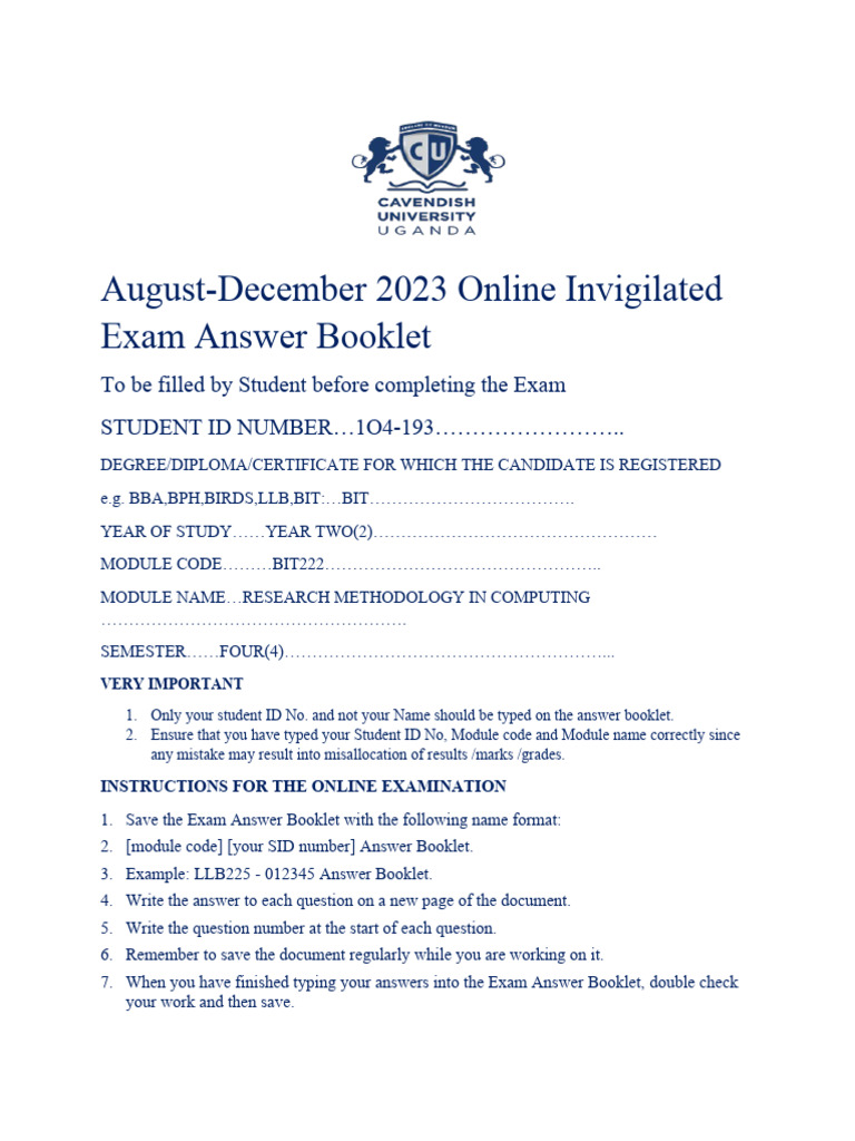 August-December 2023 Online Invigilated Exam Answer Booklet | PDF ...