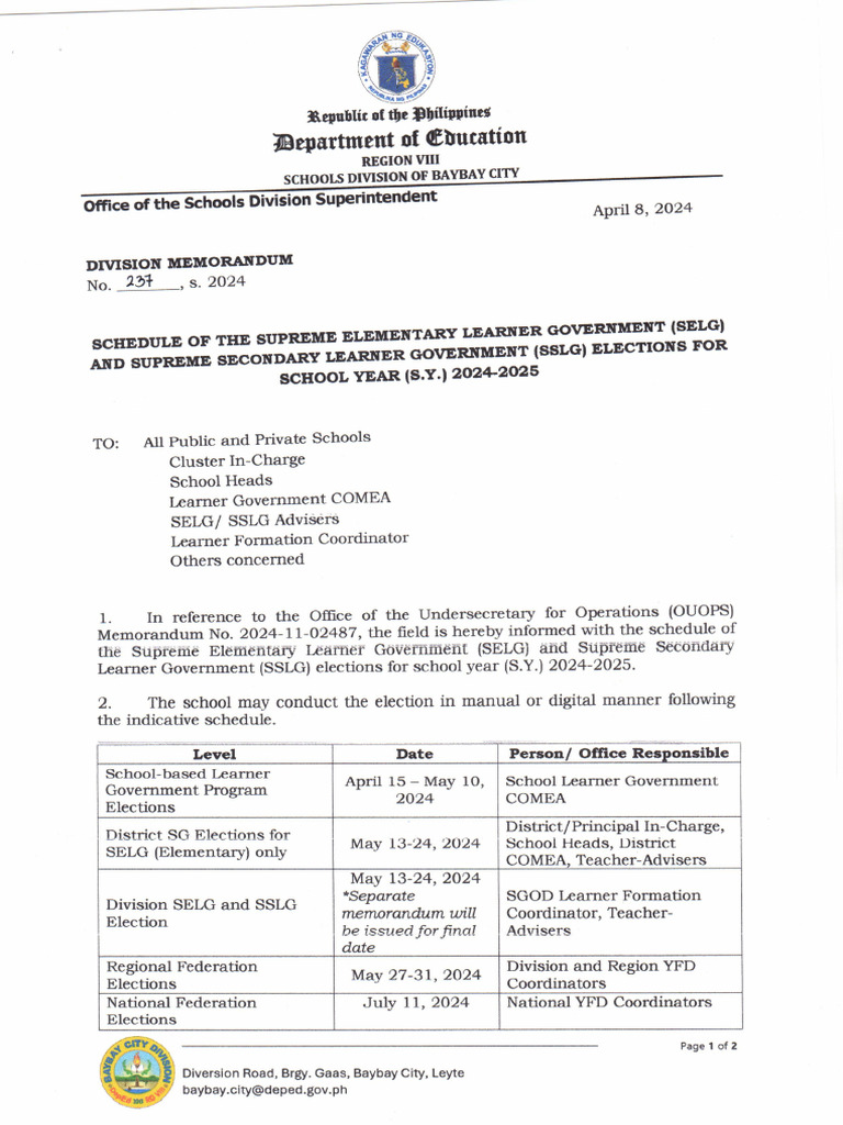 DM No 237 S. 2024 Schedule of The Supreme Elementary Learner Government ...