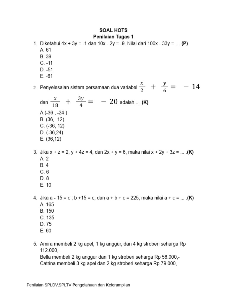 Soal Hots, SPLDV, SPLTV | PDF